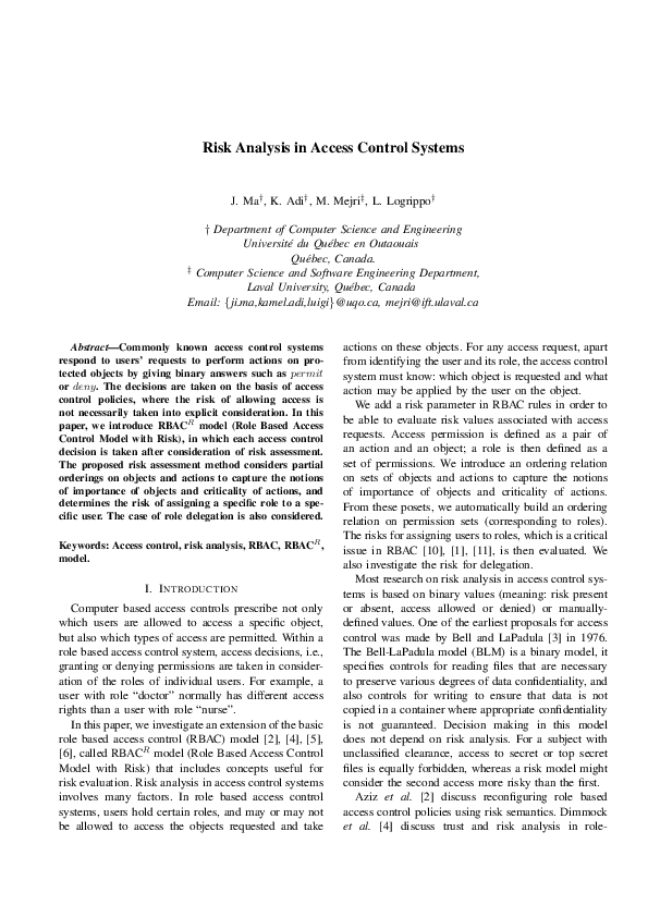 (PDF) Risk analysis in access control systems