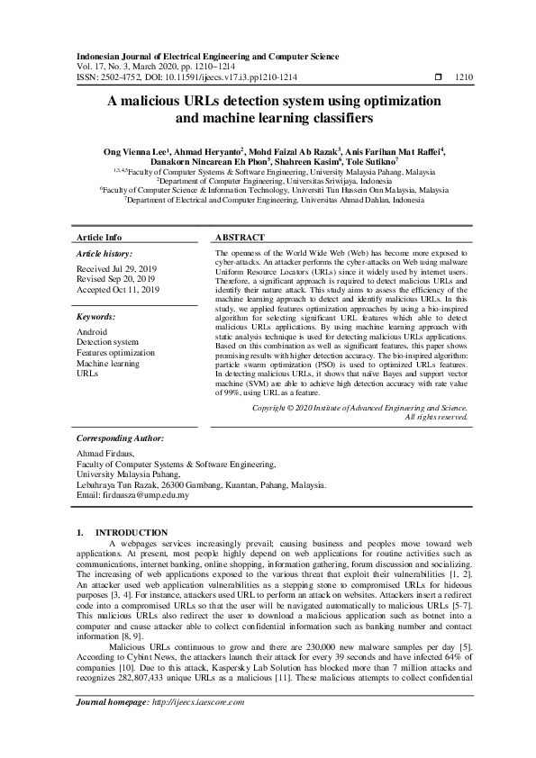 Pdf A Malicious Urls Detection System Using Optimization And Machine Learning Classifiers