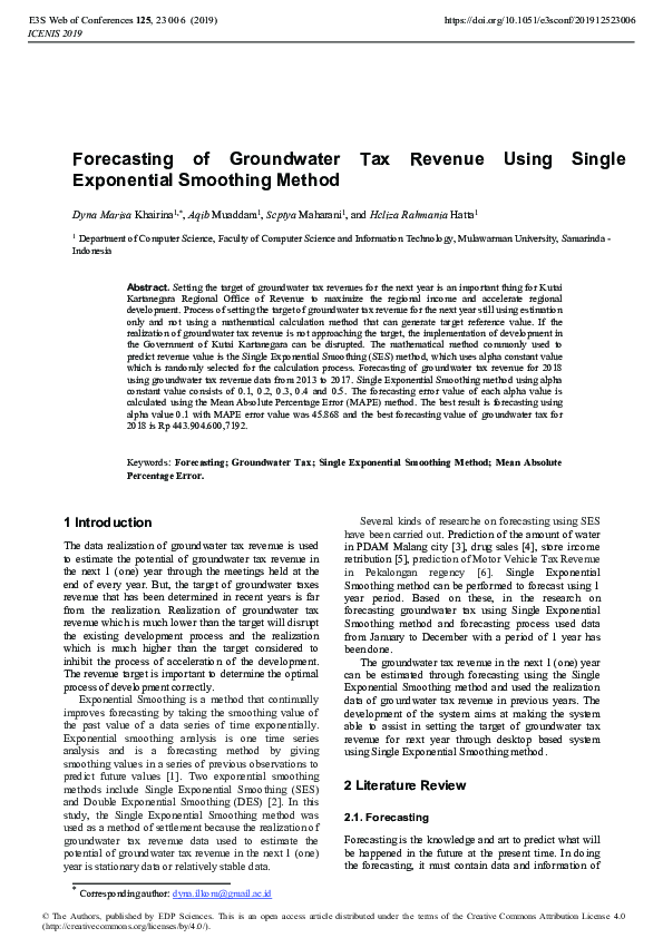 Pdf Forecasting Of Groundwater Tax Revenue Using Single Exponential Smoothing Method
