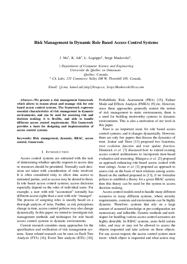 Pdf Risk Management In Dynamic Role Based Access Control Systems