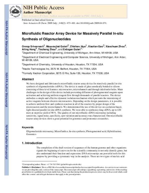 (PDF) Microfluidic reactor array device for massively parallel in situ synthesis of oligonucleotides