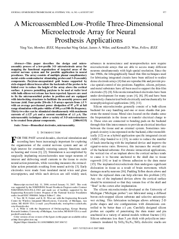 Pdf A Microassembled Low Profile Three Dimensional Microelectrode Array For Neural Prosthesis