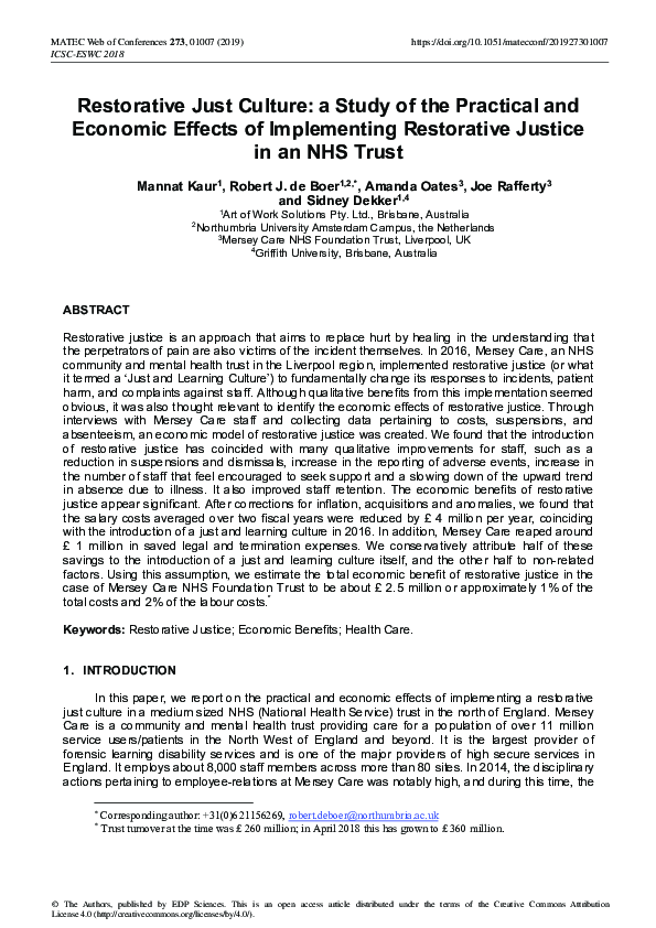 (PDF) Restorative Just Culture: a Study of the Practical and Economic Effects of Implementing ...