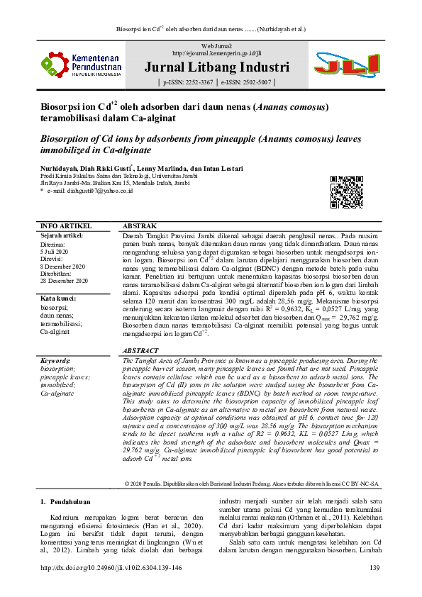 (PDF) Biosorpsi ion Cd+2 oleh adsorben dari daun nenas (Ananas comosus ...