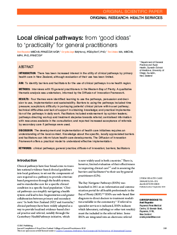 (PDF) Local clinical pathways: from ‘good ideas’ to ‘practicality’ for ...