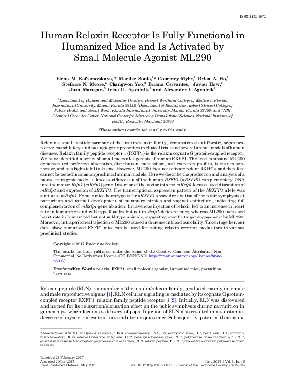 (PDF) Human Relaxin Receptor Is Fully Functional in Humanized Mice and ...