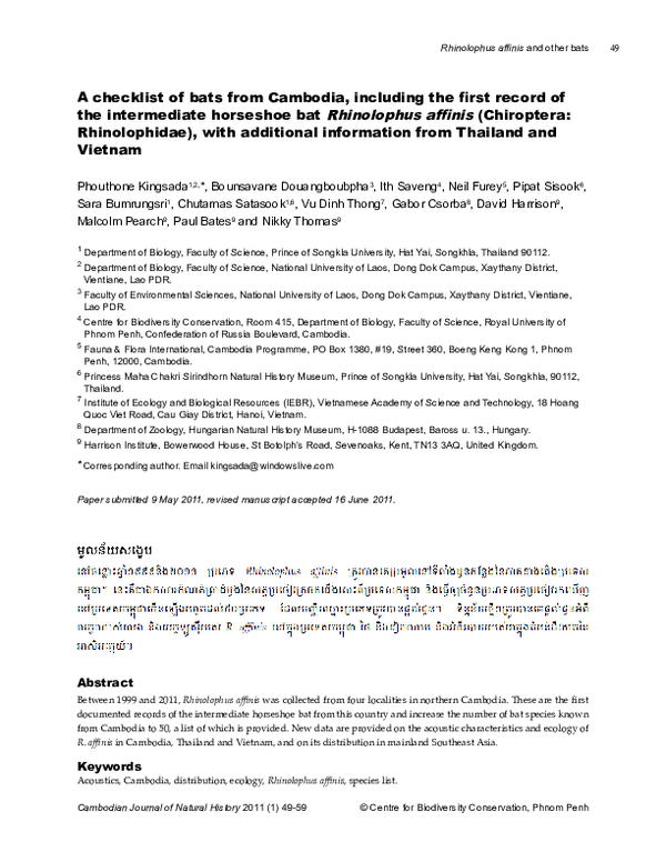 (PDF) A checklist of bats from Cambodia, including the first record of ...