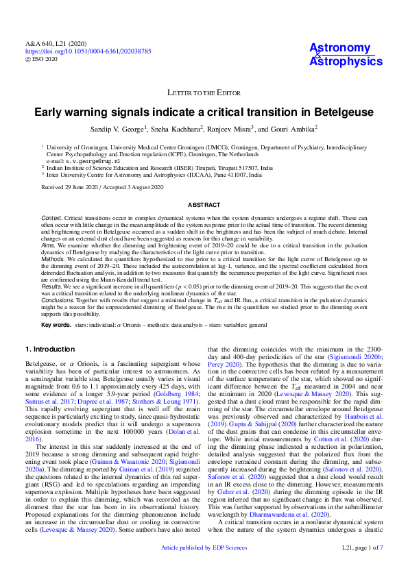 (PDF) Early warning signals indicate a critical transition in Betelgeuse