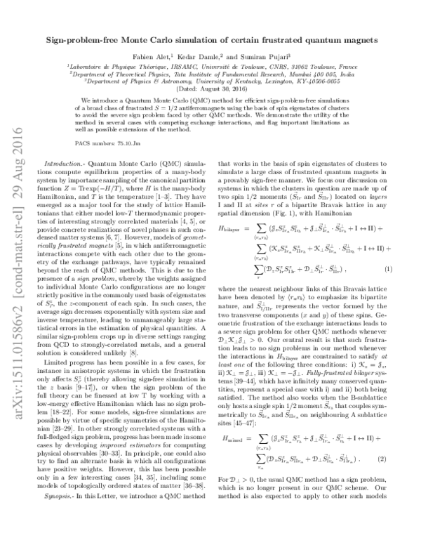 (PDF) Sign-Problem-Free Monte Carlo Simulation of Certain Frustrated Quantum Magnets