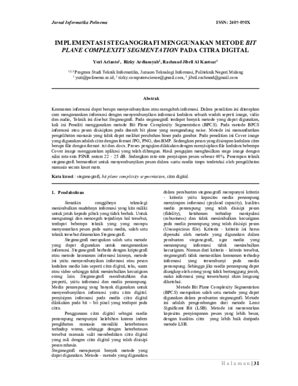Pdf Implementasi Steganografi Menggunakan Metode Bit Plane Complexity