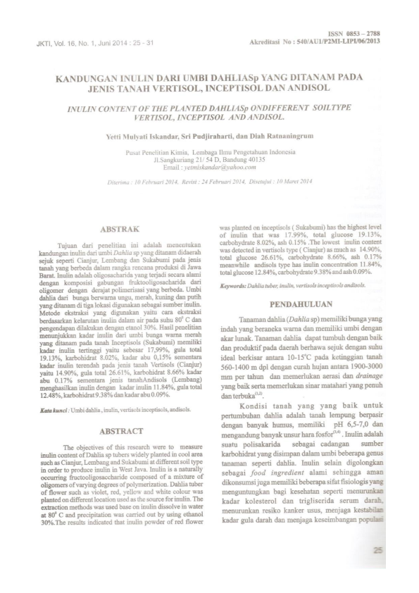 (PDF) KANDUNGAN INULIN DARI UMBI DAHLIASp YANG DITANAM PADA JENIS TANAH ...