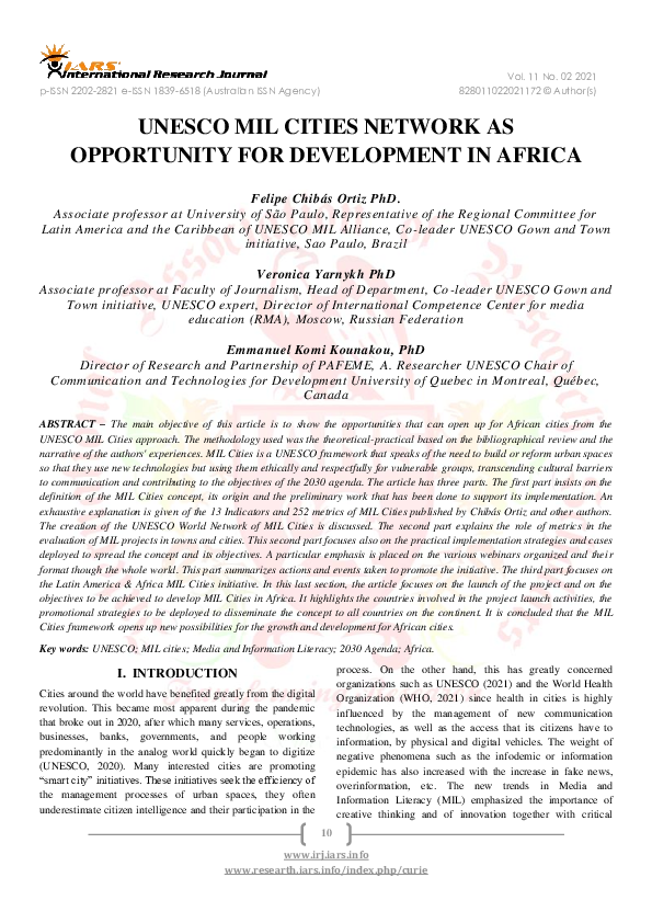(PDF) UNESCO MIL Cities Network As Opportunity for Development in Africa