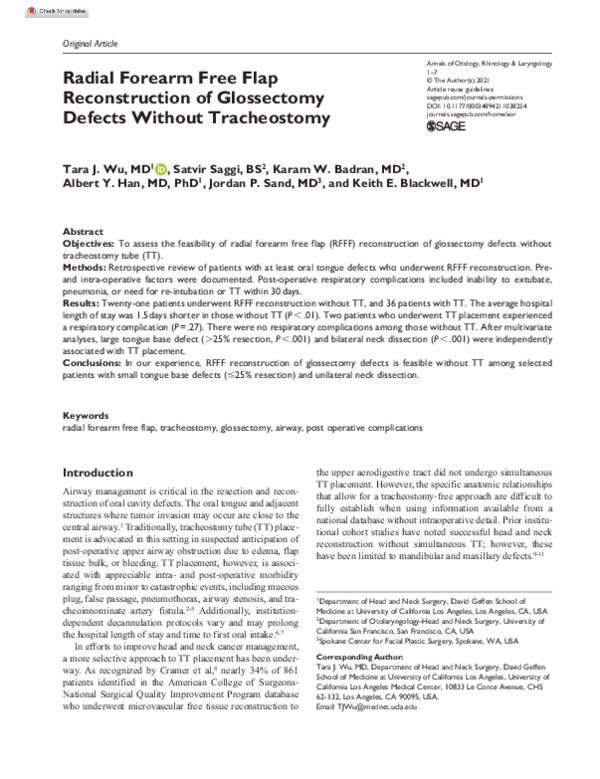 (PDF) Radial Forearm Free Flap Reconstruction of Glossectomy Defects ...