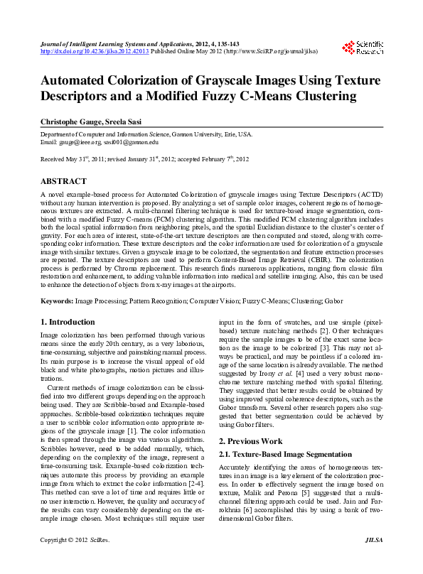 Pdf Automated Colorization Of Grayscale Images Using Texture Descriptors And A Modified Fuzzy