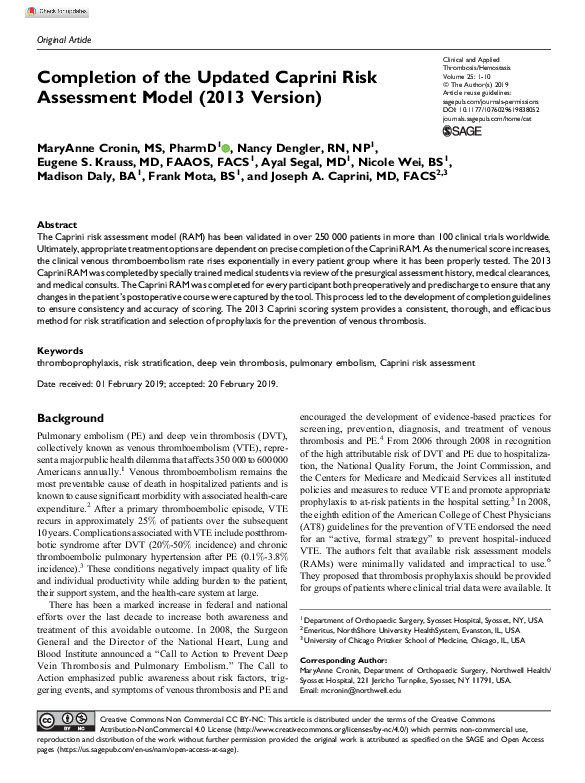 (PDF) Completion of the Updated Caprini Risk Assessment Model (2013 ...