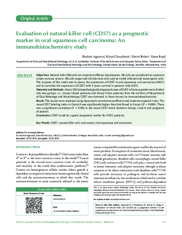 (PDF) Evaluation of natural killer cell (CD57) as a prognostic marker ...
