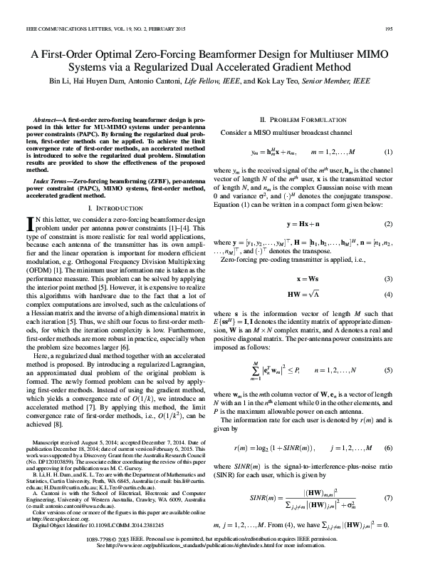 Pdf A First Order Optimal Zero Forcing Beamformer Design For Multiuser Mimo Systems Via A