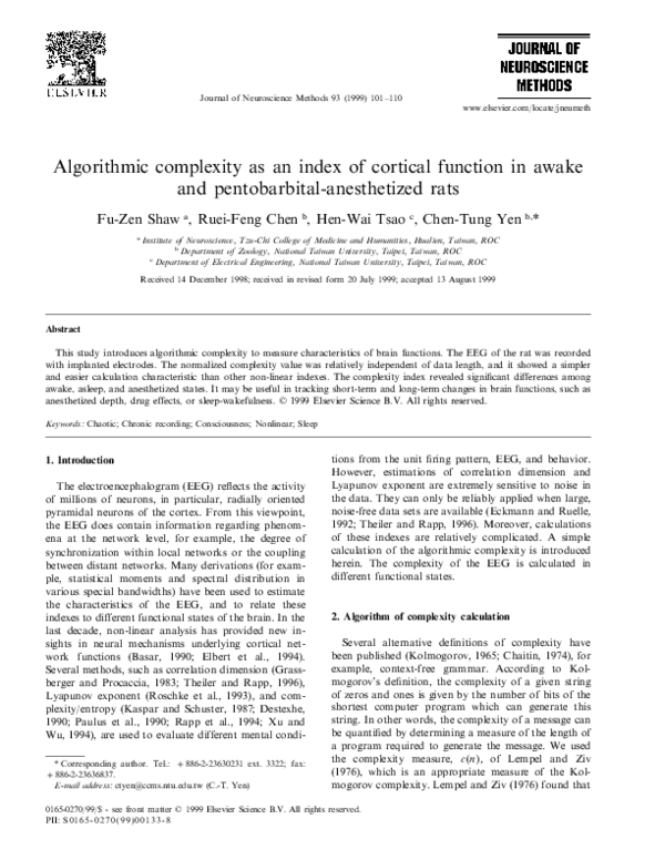 (PDF) Algorithmic complexity as an index of cortical function in awake and pentobarbital ...