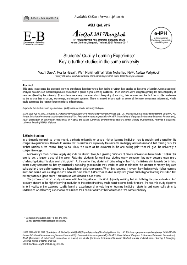(PDF) Students’ Quality Learning Experience: Key to further studies in ...