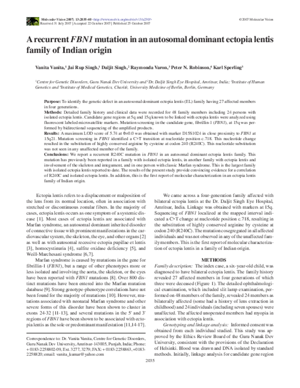 (PDF) A recurrent FBN1 mutation in an autosomal dominant ectopia lentis ...