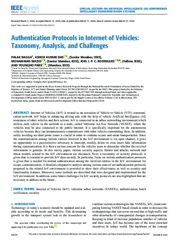 (PDF) Authentication Protocols in Internet of Vehicles: Taxonomy, Analysis, and Challenges