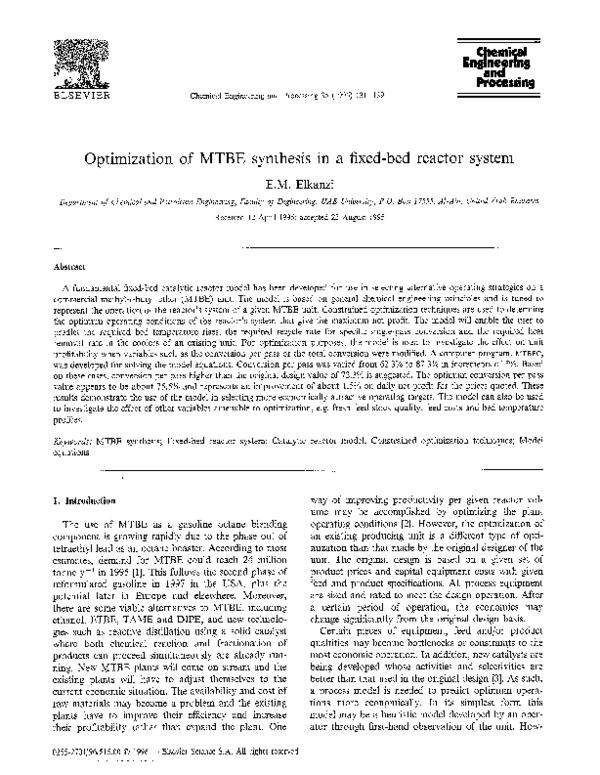 Pdf Optimization Of Mtbe Synthesis In A Fixed Bed Reactor System