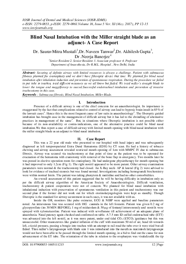 (PDF) Blind Nasal Intubation with the Miller straight blade as an ...