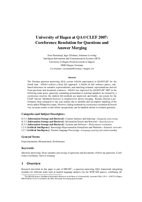 (PDF) University of hagen at qa@ clef 2007: Coreference resolution for questions and answer merging