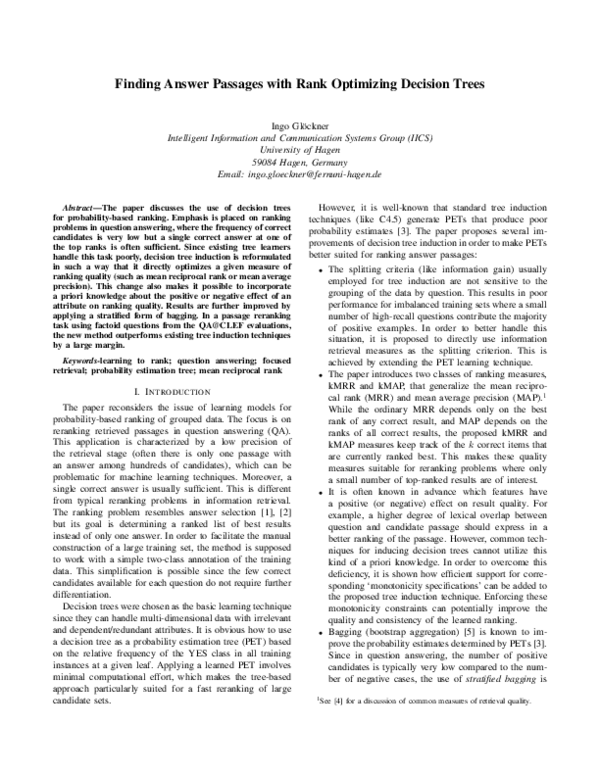 (PDF) Finding Answer Passages with Rank Optimizing Decision Trees