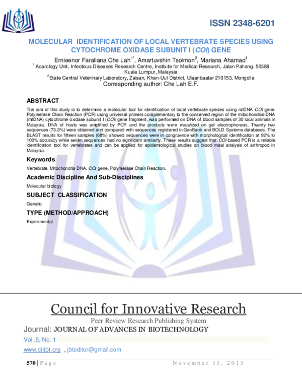 (PDF) Molecular Identification of Local Vertebrate Species Using ...