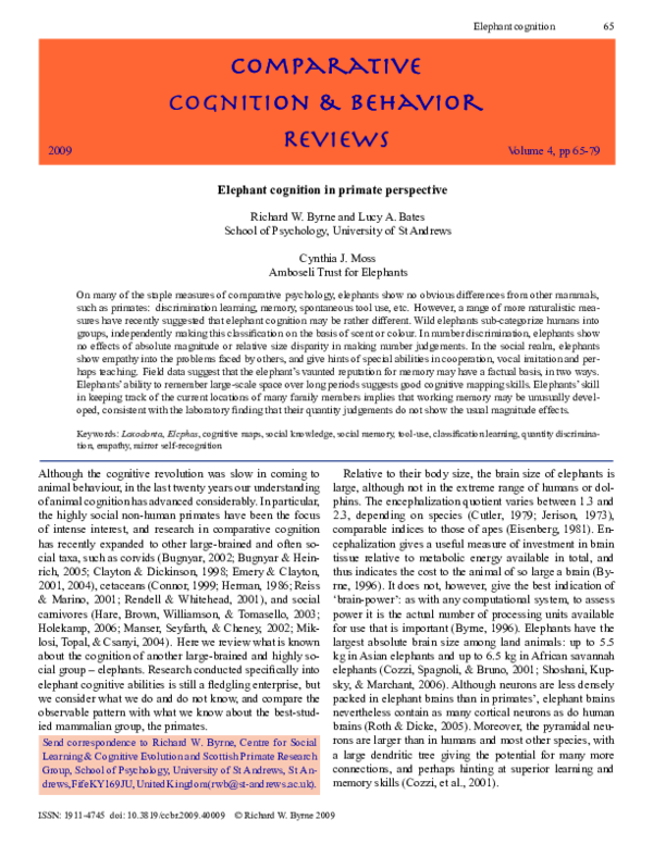 (PDF) Elephant cognition in primate perspective
