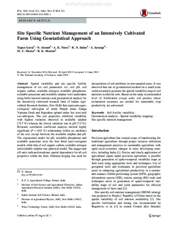 (PDF) Site Specific Nutrient Management of an Intensively Cultivated Farm Using Geostatistical ...