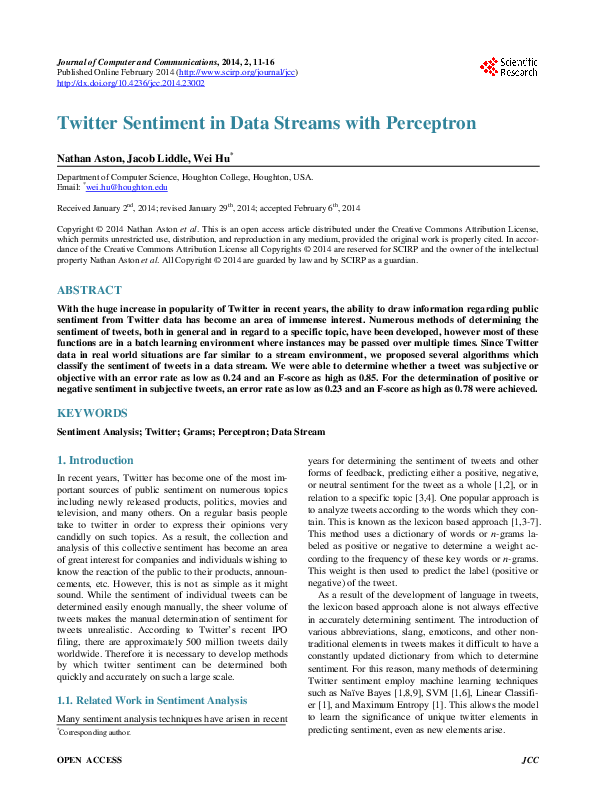 (PDF) Twitter Sentiment in Data Streams with Perceptron | Jacob Liddle - Academia.edu