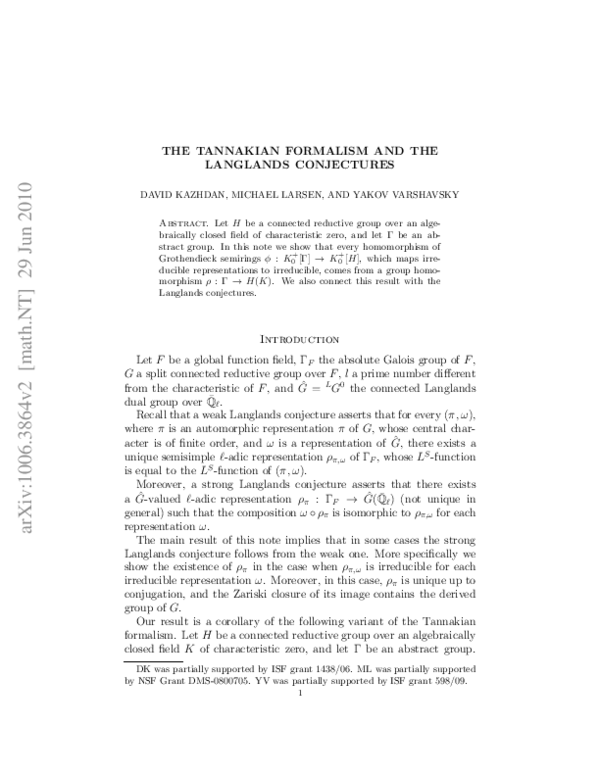 (PDF) The Tannakian formalism and the Langlands conjectures
