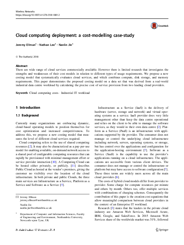(PDF) Cloud computing deployment: a cost-modelling case-study