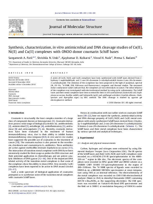 (PDF) Synthesis, Characterization, in-vitro Antimicrobial and DNA Cleavage Studies of Co (II ...
