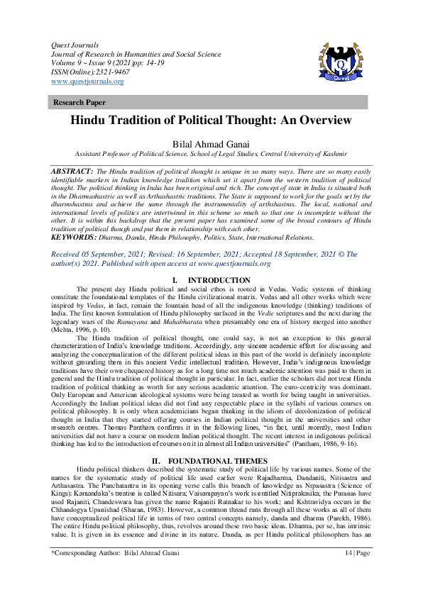 (PDF) Hindu Tradition of Political Thought: An Overview
