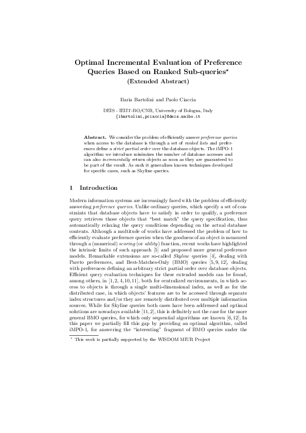 (PDF) Optimal incremental evaluation of preference queries based on ranked sub-queries