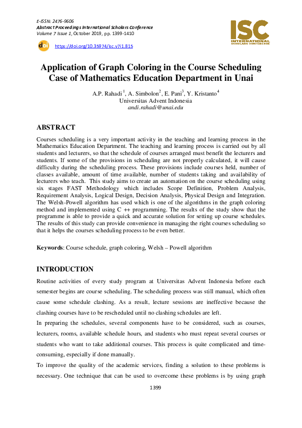 Pdf Application Of Graph Coloring In The Course Scheduling