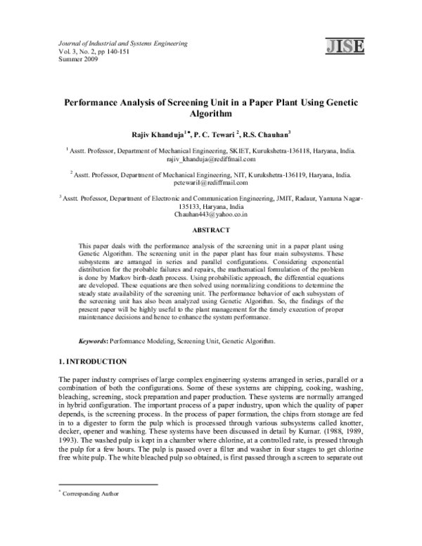 (PDF) Performance Analysis of Screening Unit in a Paper Plant Using ...