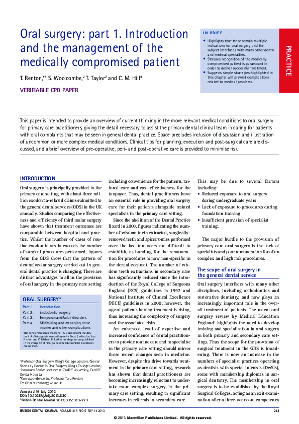 (PDF) Oral surgery: part 1. Introduction and the management of the ...