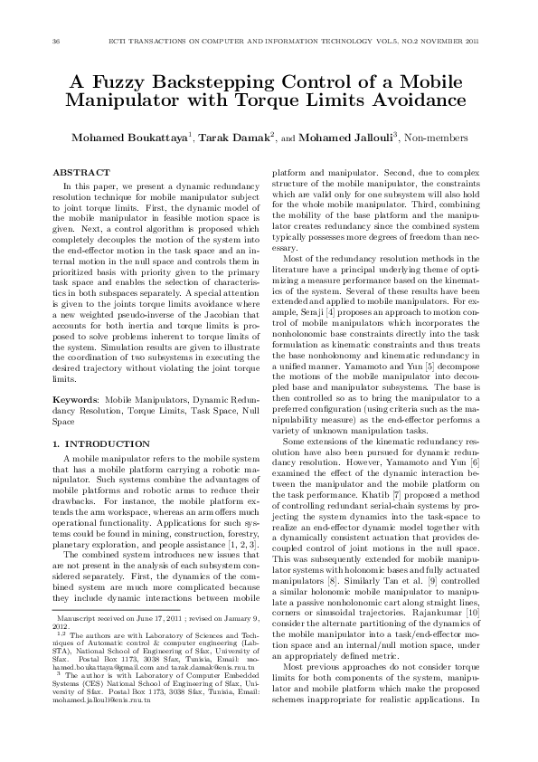(PDF) A Fuzzy Backstepping Control of a Mobile Manipulator with Torque Limits Avoidance