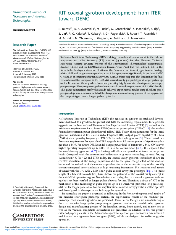 (PDF) KIT coaxial gyrotron development: from ITER toward DEMO