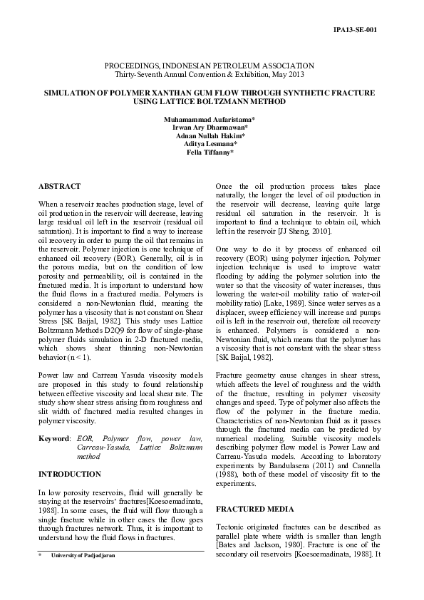 (PDF) Simulation Of Polymer Xanthan Gum Flow Through Synthetic Fracture Using Lattice Boltzmann ...