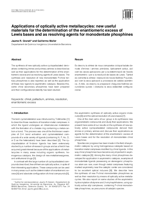 (PDF) Applications of optically active metallacycles: new useful ...