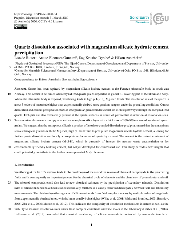 (PDF) Quartz dissolution associated with magnesium silicate hydrate ...
