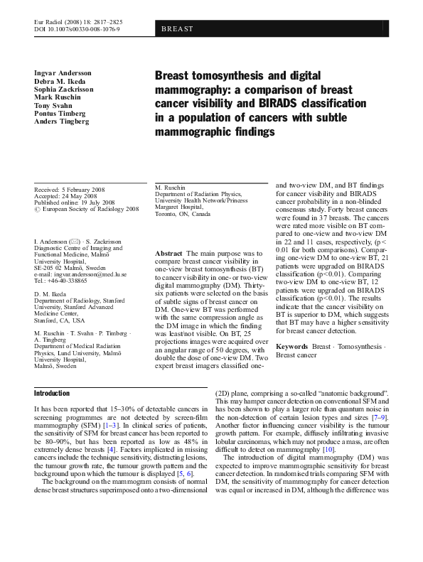(PDF) Breast tomosynthesis and digital mammography: a comparison of breast cancer visibility and ...