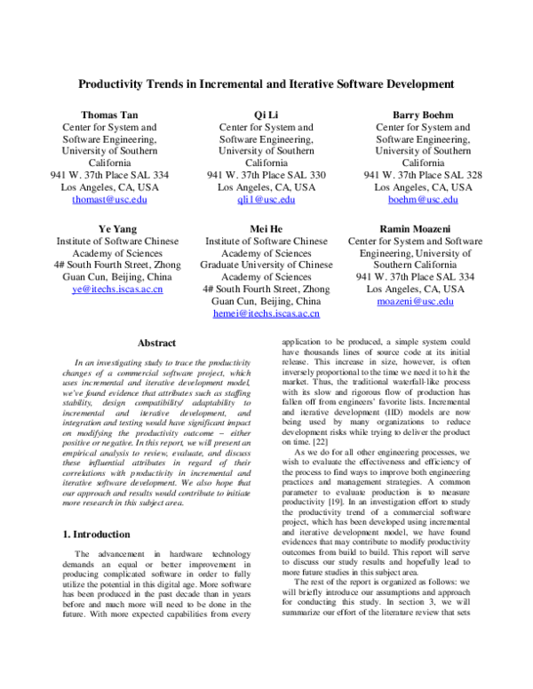 Pdf Productivity Trends In Incremental And Iterative Software Development