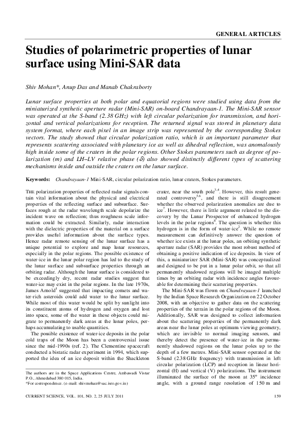 (PDF) Studies of polarimetric properties of lunar surface using Mini-SAR data