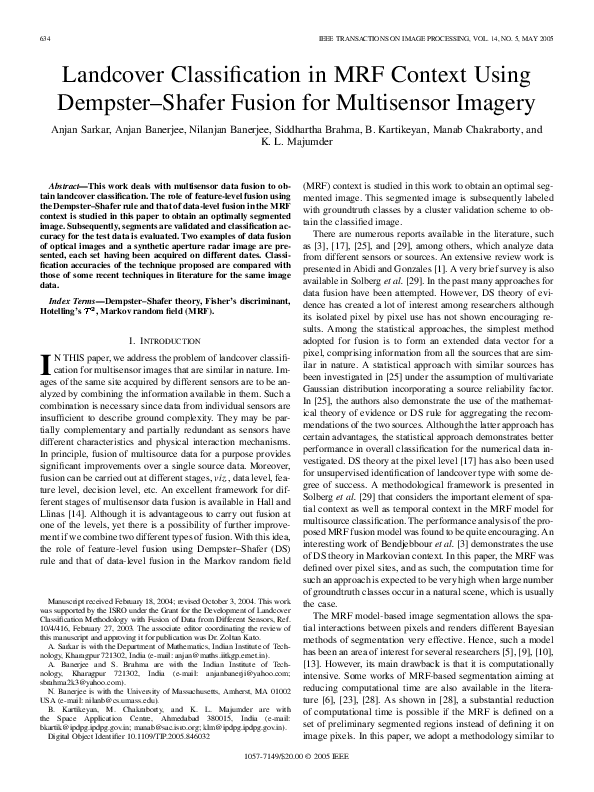 Pdf Landcover Classification In Mrf Context Using Dempster Shafer Fusion For Multisensor Imagery